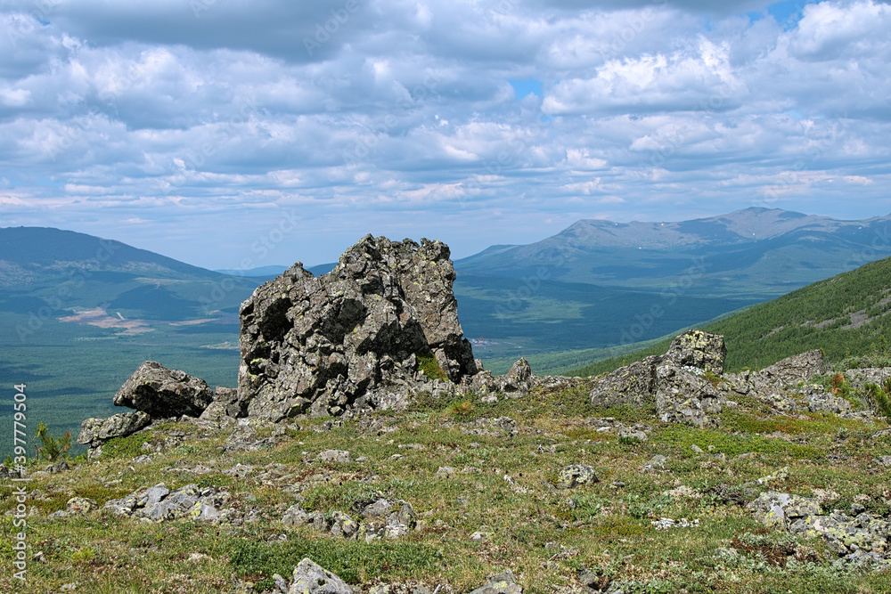 Northern Ural Mountains, Rock on the Third Bugor Mount and view on ...