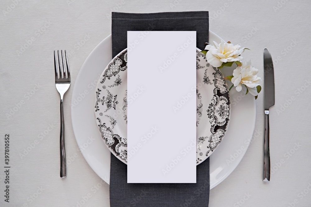 Wedding table setting, menu mockup on table, blank card for wedding ...