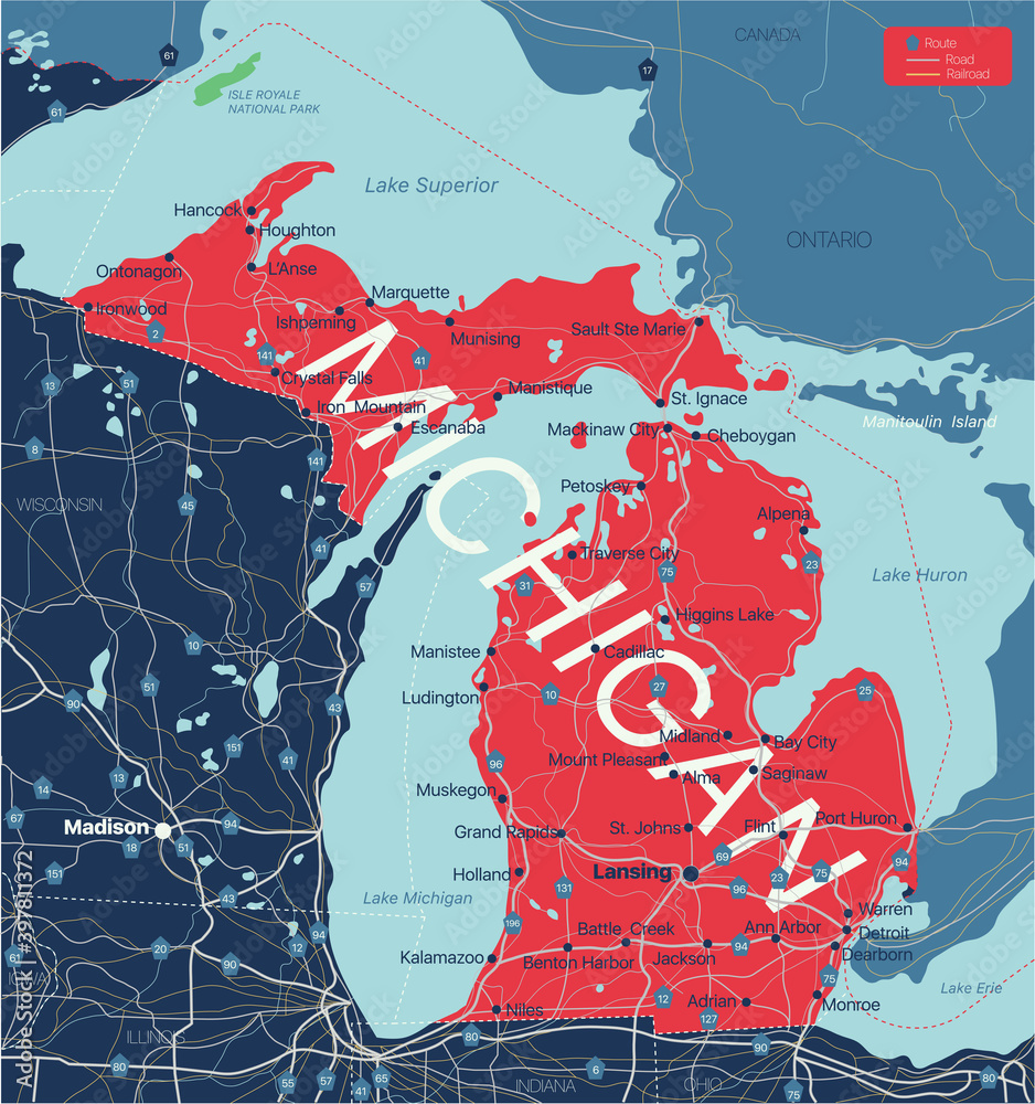 Michigan state detailed editable map with cities and towns, geographic ...