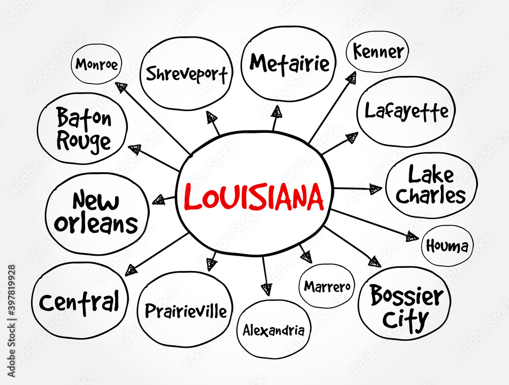 List of cities and municipalities in Louisiana USA state mind map ...