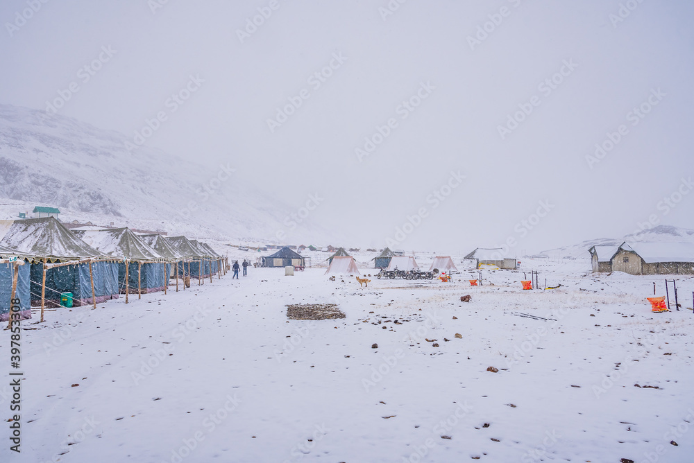 This is the view of Chandrataal camp after snowfall. Chandratal or Lake ...