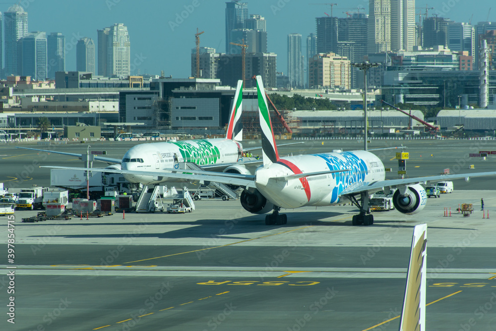 Dubai based Emirates Airlines Airplanes on tarmac at Dubai ...