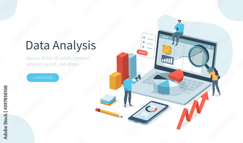 People Characters Working with Data Visualization on Laptop. Man and Woman Analyzing Tables ...