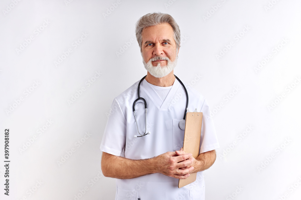 affable friendly caucasian elderly doctor man in uniform stand looking ...