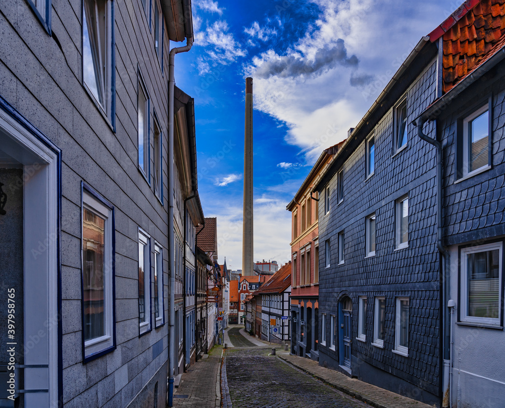 Alfeld Altstadt mit Fabrikschornstein Stock Photo | Adobe Stock