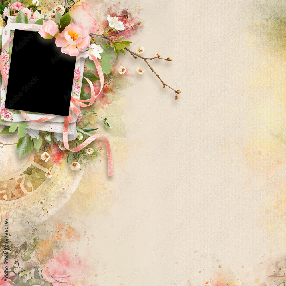 Spring scrapbook frame for photo with tender roses on green background ...