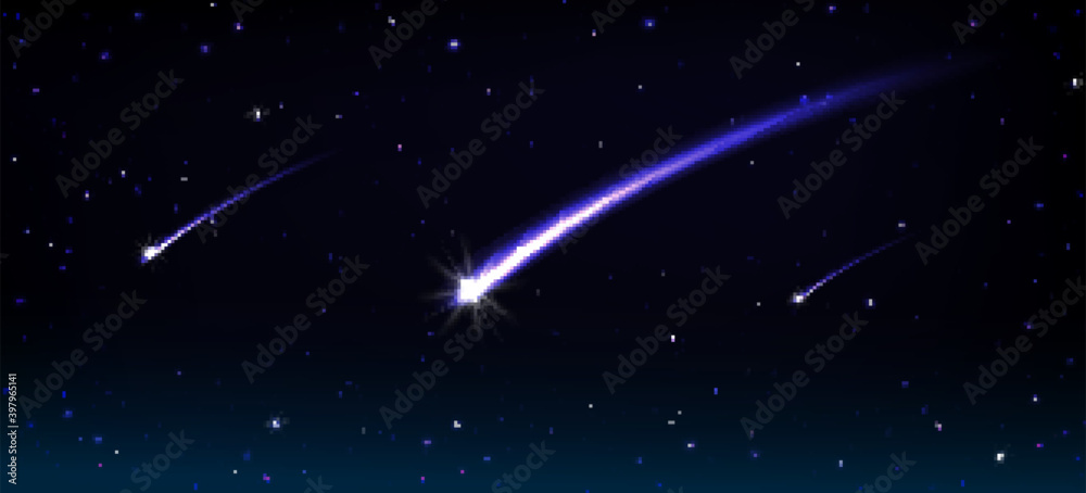 Falling comets, asteroids or meteors with blue flame trail in cosmos ...