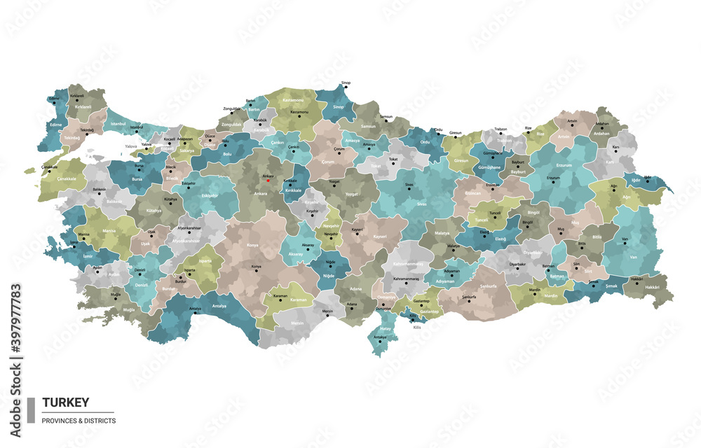 Turkey higt detailed map with subdivisions. Administrative map of ...
