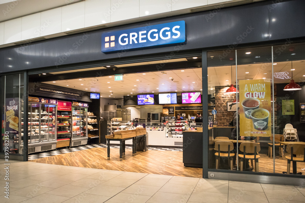 Entrance to Greggs bakery shop inside shopping mall showing signage ...