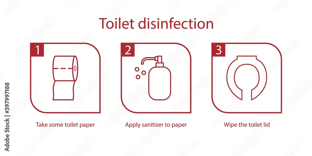 Toilet disinfection icon. Instruction of cleaning toilet lid. Toilet ...