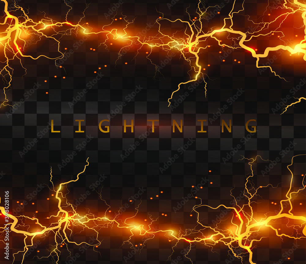 Realistic lightning bolts on a black transparent background. the charge ...