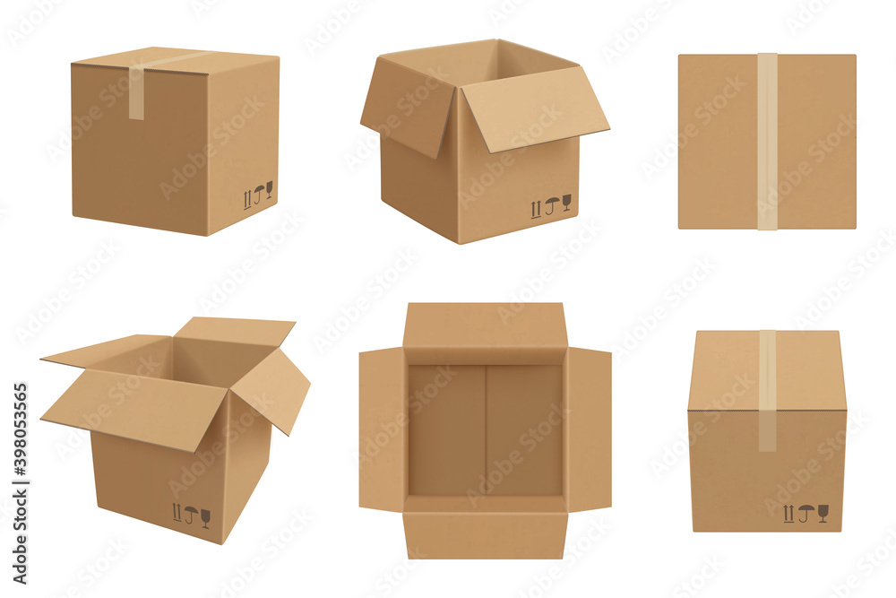 Box mockup. Open and closed cardboard package vector realistic template ...