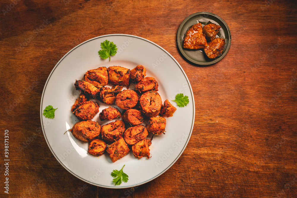 Flat lay of pickle flavoured spicy soya nuggets presented beautifully ...