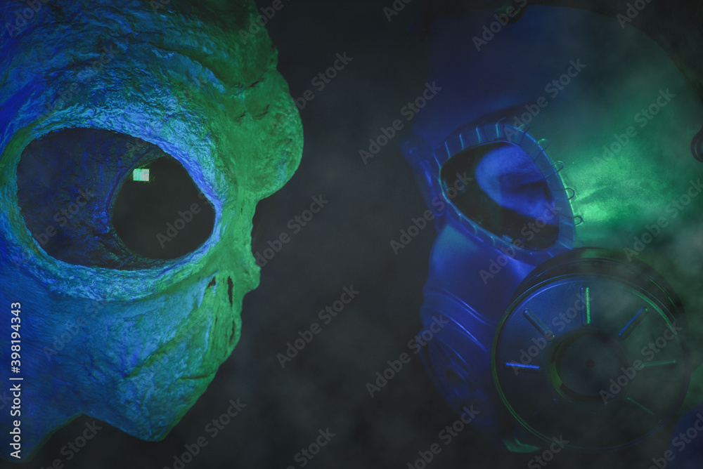 Human vs alien concept. Space confrontation. Soldier in gas mask ...