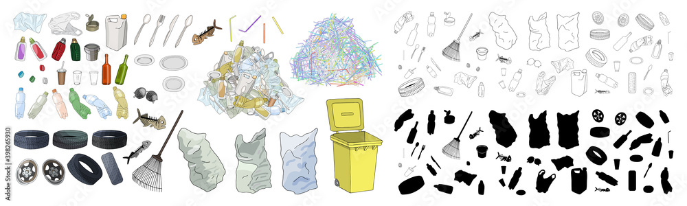 Large set of garbage on white background. Hand drawn vector ...