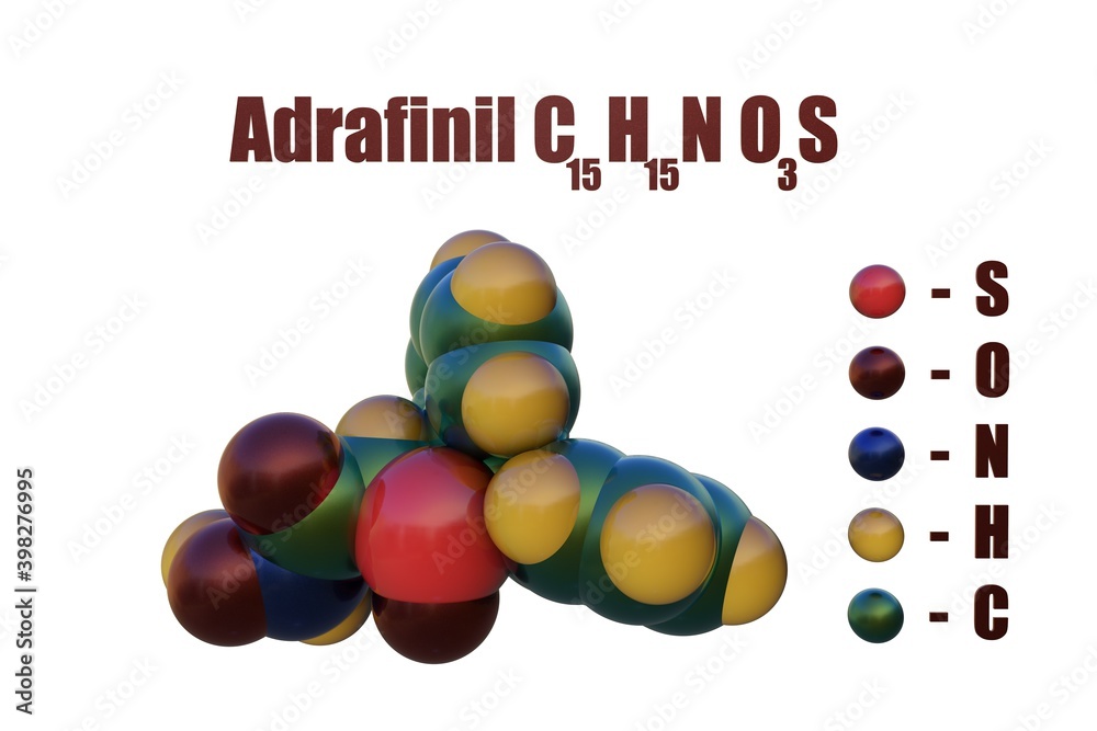 Structural chemical formula and molecular model of adrafinil, a central ...