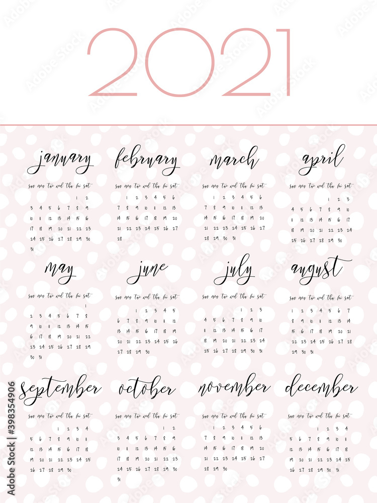 Hand written ink calendar template, 2021 year. Watercolor pastel pink ...