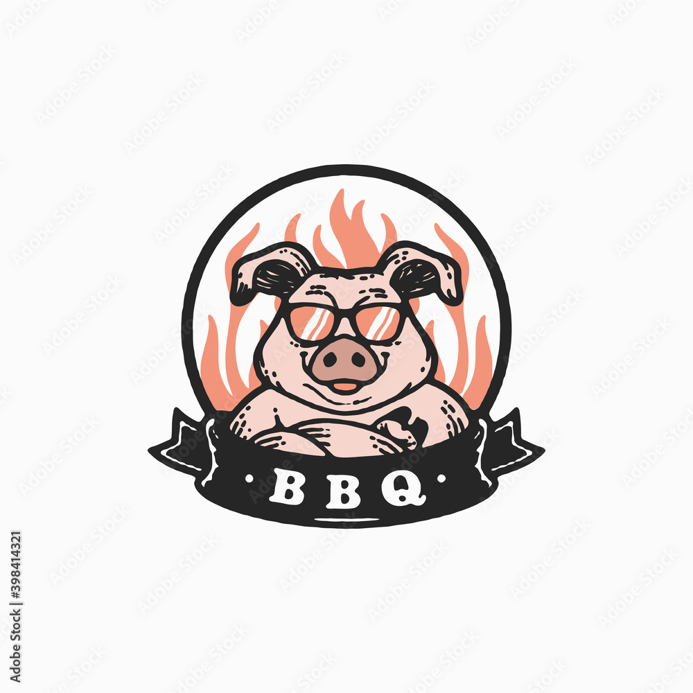 Rustic Badge Logo of Pig Mascot for BBQ Vector Illustration Stock ...