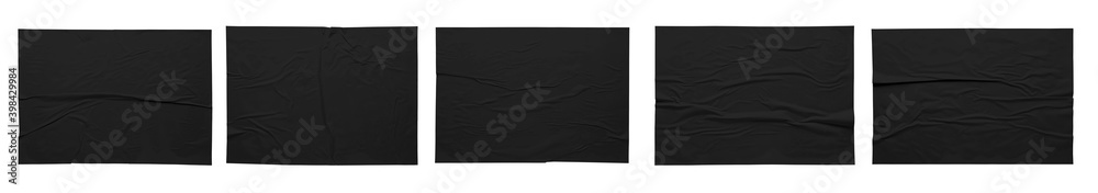 set of black paper wrinkled poster template , blank glued creased paper ...