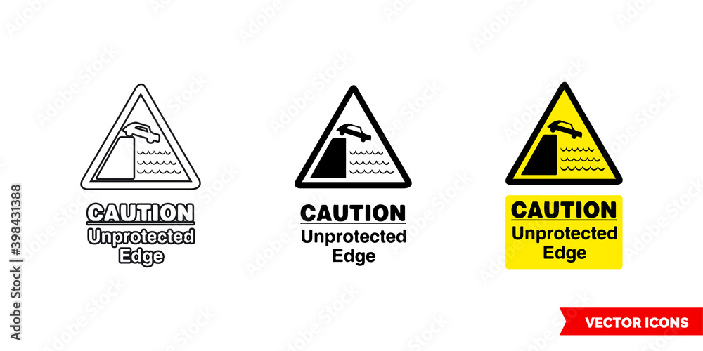 Caution unprotected edge hazard sign icon of 3 types color, black and ...