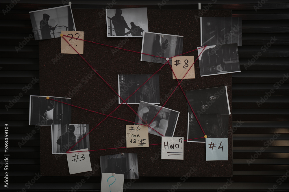 Detective board with crime scene photos, stickers, clues and red thread ...