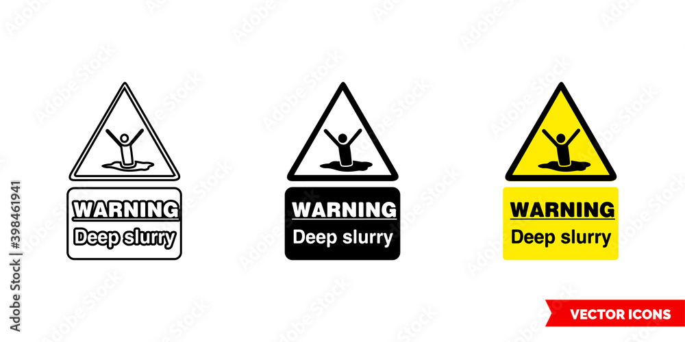 Warning deep slurry hazard sign icon of 3 types color, black and white ...