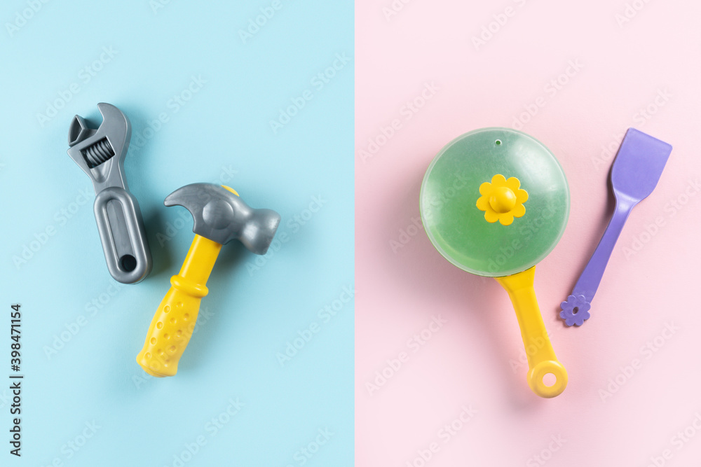 Gender stereotypes concept - female and male toys on pink and blue ...