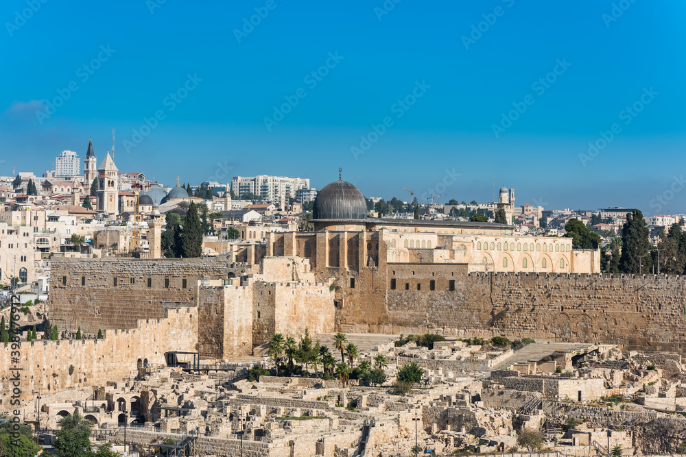Siliver dome of Al-Aqsa Mosque, built on top of the Temple Mount, known ...