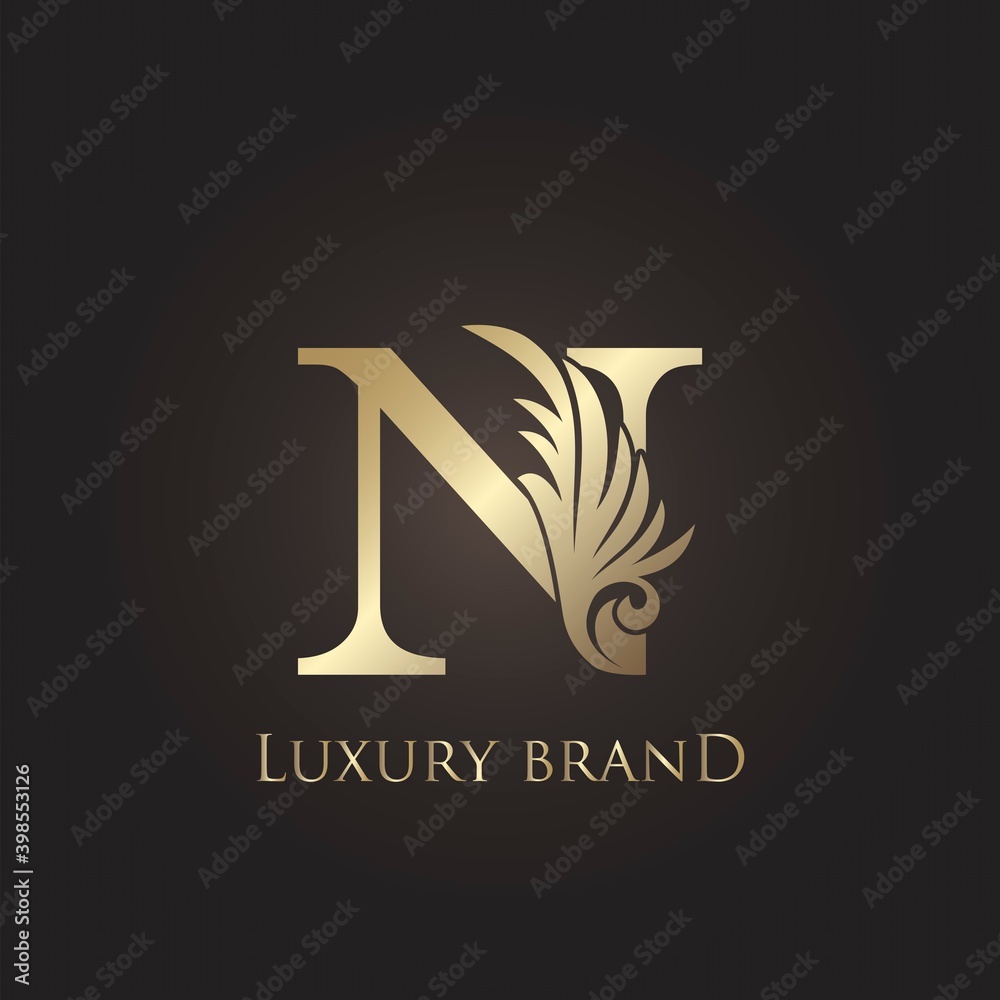 Luxury Letter N Logo Gold Monogram Feather Decorative Ornate Ornament ...