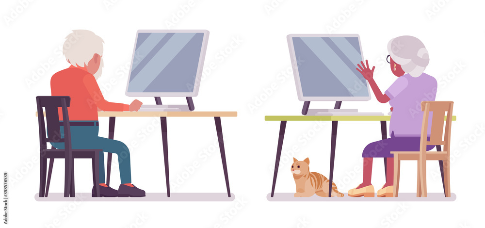 Old man, woman elderly person using a personal computer. Senior ...