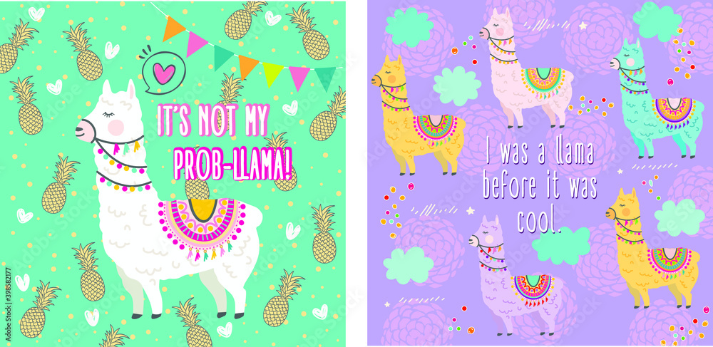 Two illustration of festive llama vector images with positive ...