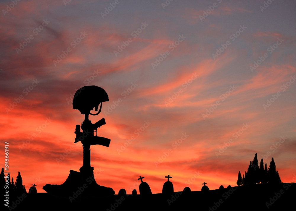 War Background, Fallen Soldier Battle Cross. The soldier's rifle with ...