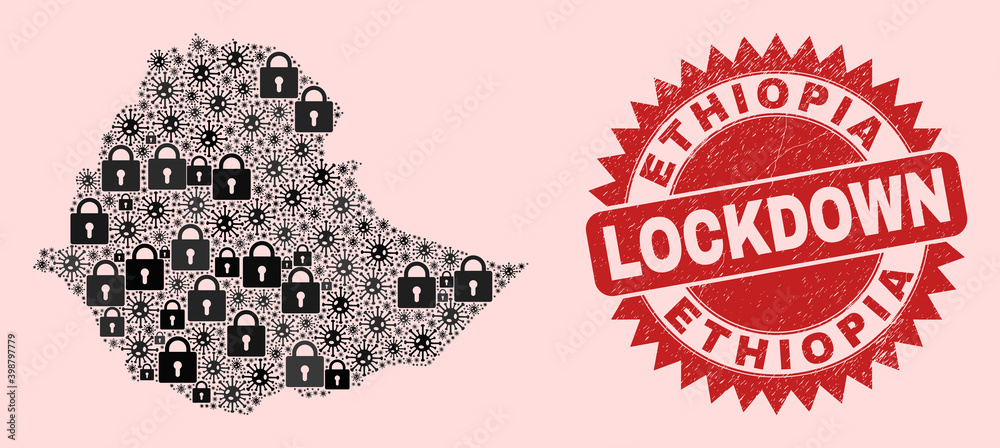 Vector pandemic lockdown collage Ethiopia map and dirty watermark ...