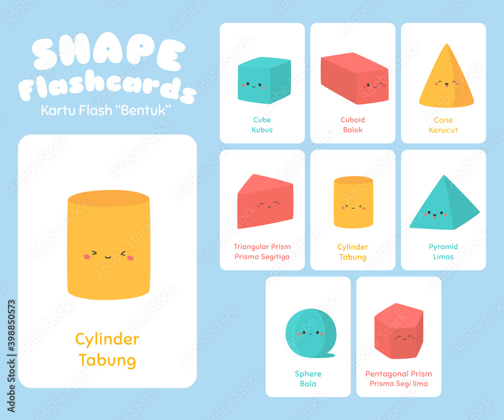 Geometric shape bilingual flashcards vector set. Cute 3D shape ...