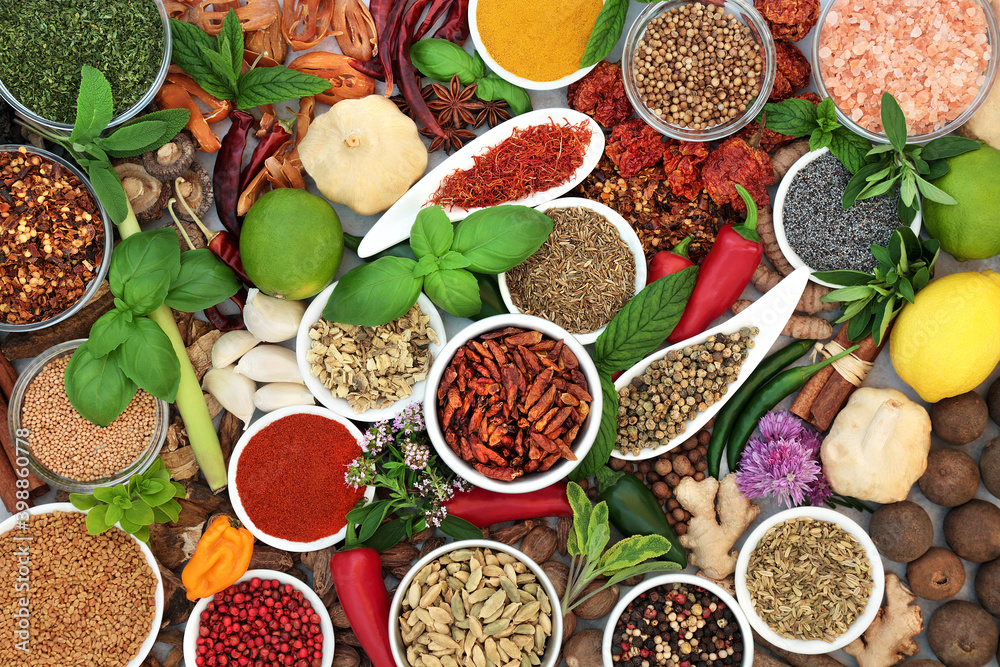 Large herb and spice seasoning collection for culinary classics with ...