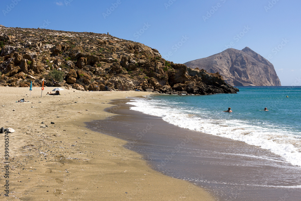 Photo Stock Anafi island, the long beautiful beach of Roukonas with the ...