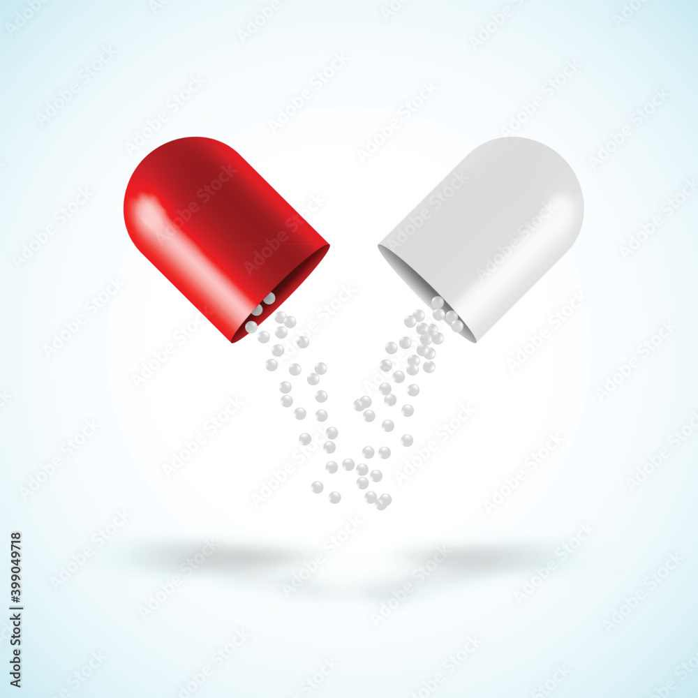 realistic medical opened capsule. capsule with medicine granules Stock ...