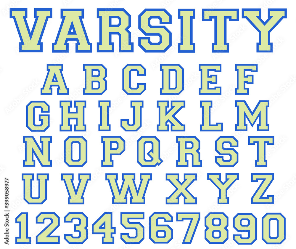 Varsity vintage font vector light blue beige color 2 layers. College ...