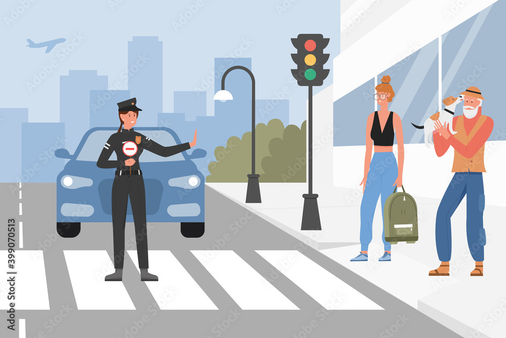 Police worker on street road vector illustration. Cartoon traffic ...