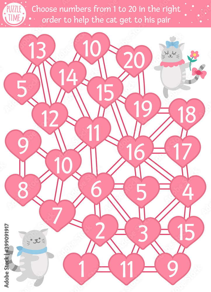 Saint Valentine day counting maze for children. Holiday preschool ...