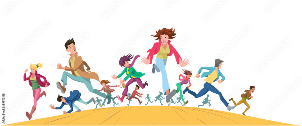 People running in fear and panic. Isolated colorful vector illustration ...