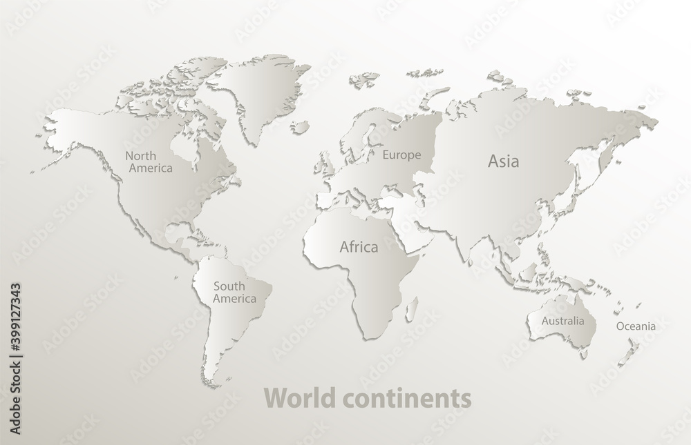 World continents map, separate individual continent with names, card ...