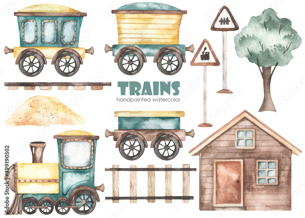 Watercolor kids set with cute cartoon train sideways, house, railroad ...