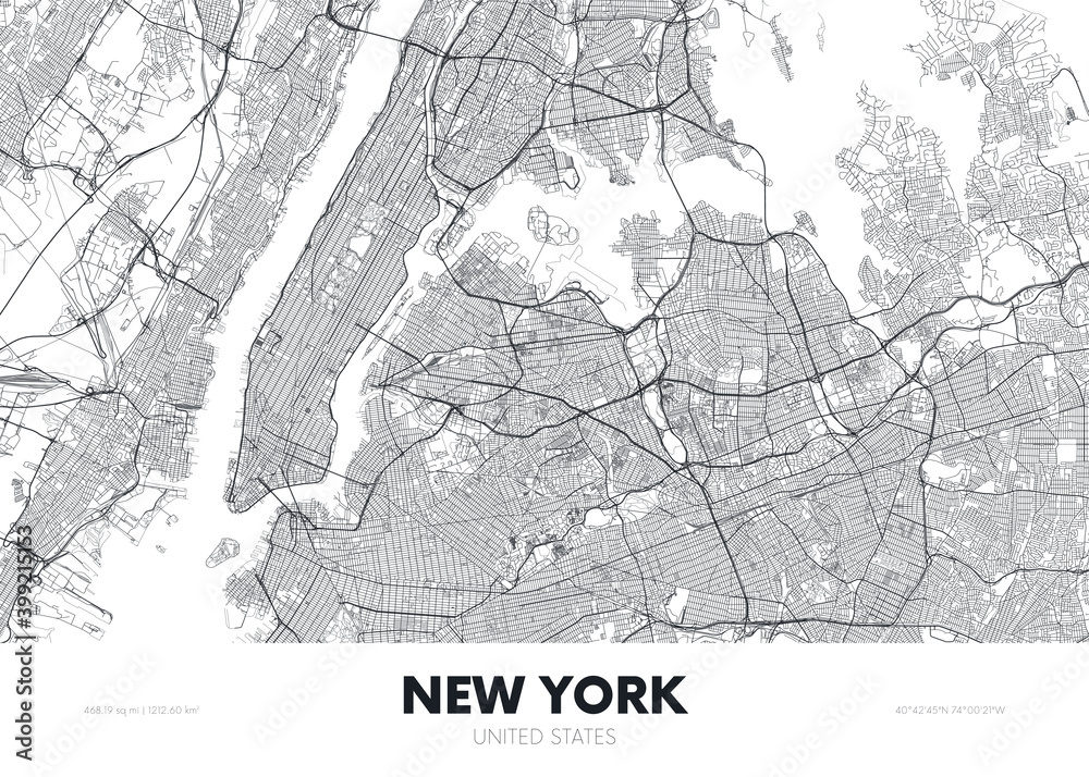 City map New York USA, travel poster detailed urban street plan, vector ...