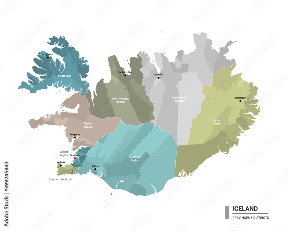 Iceland higt detailed map with subdivisions. Administrative map of ...