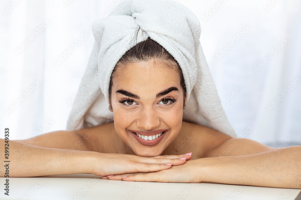 Beautiful young woman with clean fresh skin on face. Girl facial ...