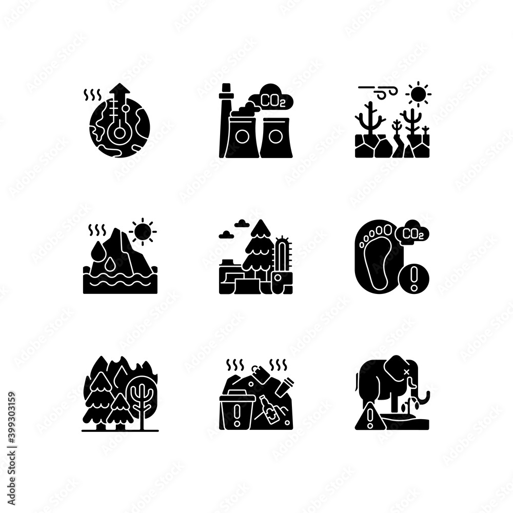 Global warming black glyph icons set on white space. Air pollution with ...