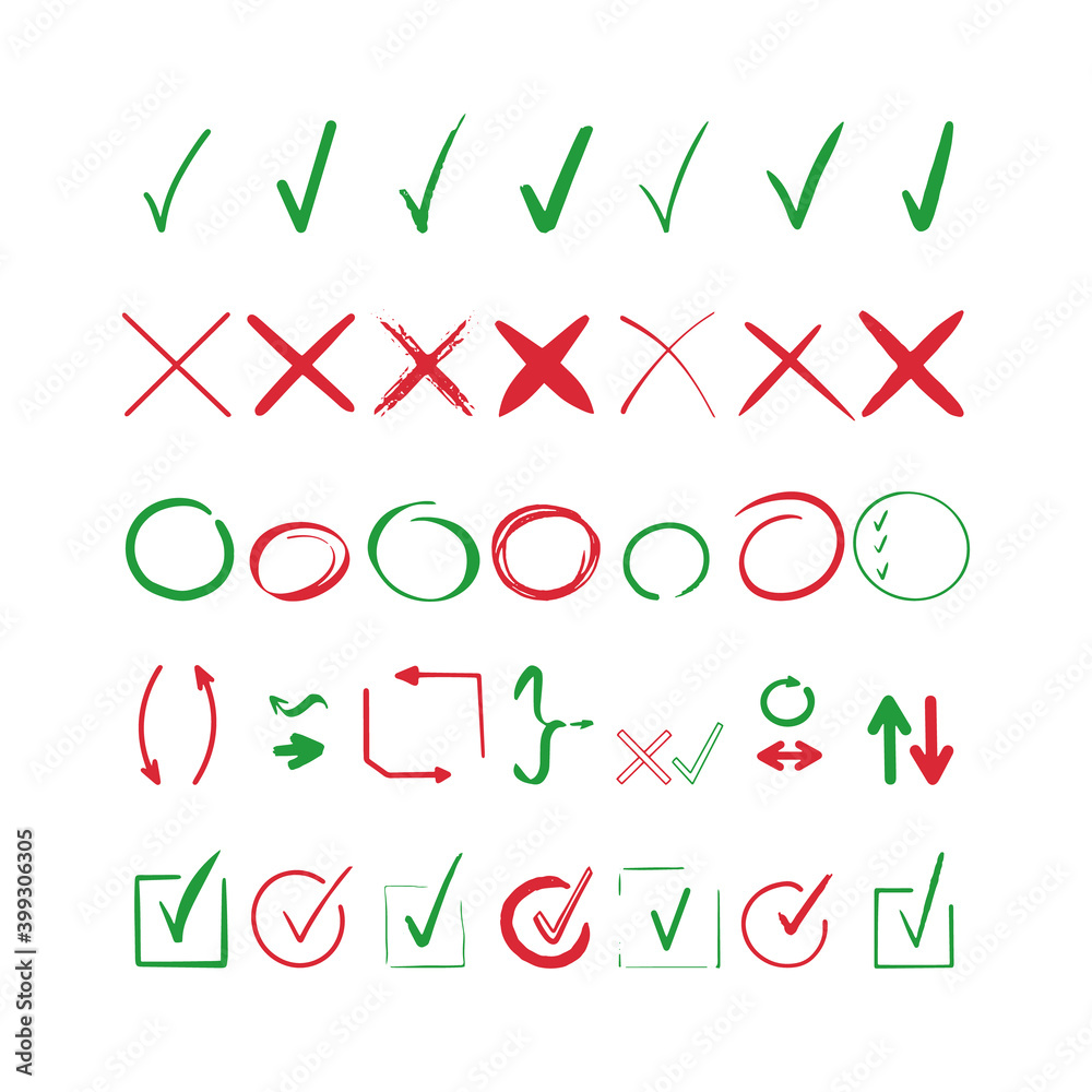 Stock-Illustration „Green red check mark Hand drawn tick V X yes no ok sign. Checkbox chalk icon ...