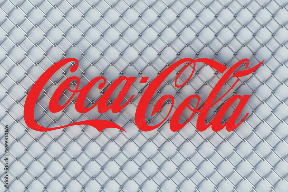 Стоковая иллюстрация «Coca-Cola logo of red color on metal grid and ...