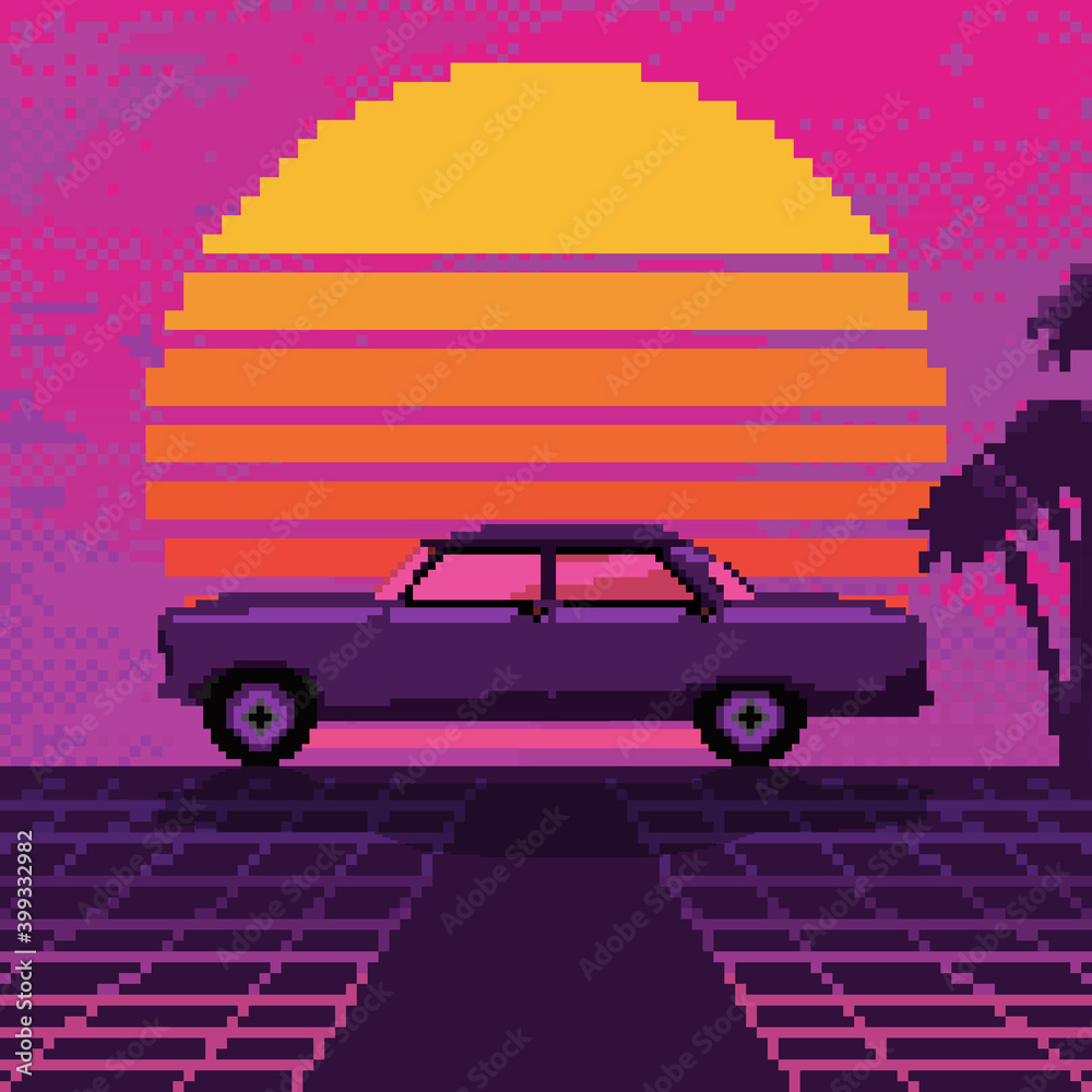 Vektor Pixel 80s Retro Wave Sci-Fi Background For game. Pixel art 8bit ...